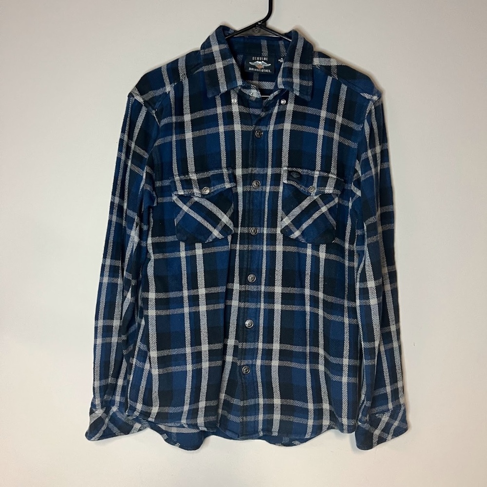 Harley Davidson Motorcycle Blue Plaid Flannel Button … - Gem